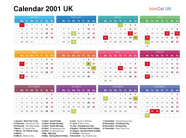 Calendar 2001 UK - bimCal.uk 🇬🇧