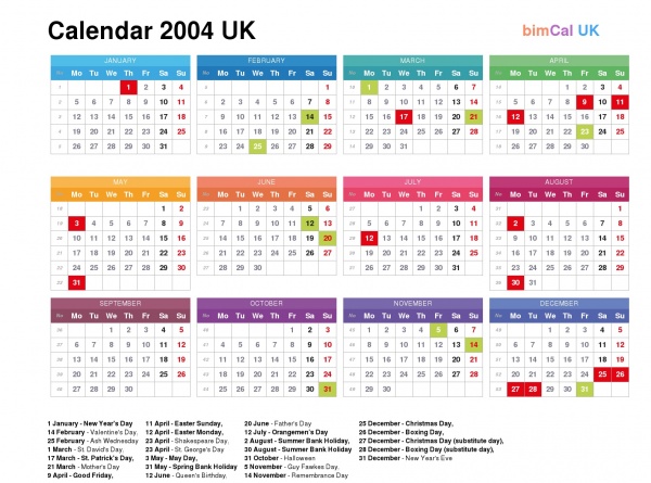 Calendar 2004 UK - bimCal.uk 🇬🇧