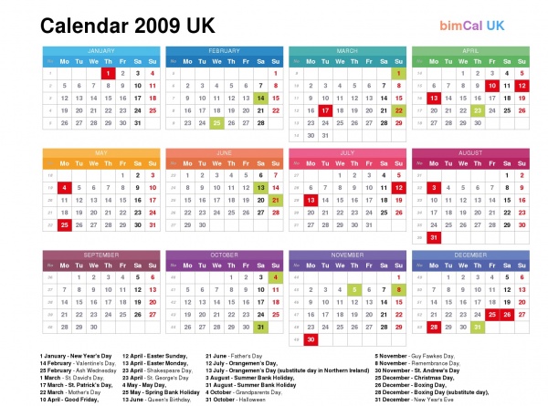 Calendar 2009 UK - bimCal.uk 🇬🇧