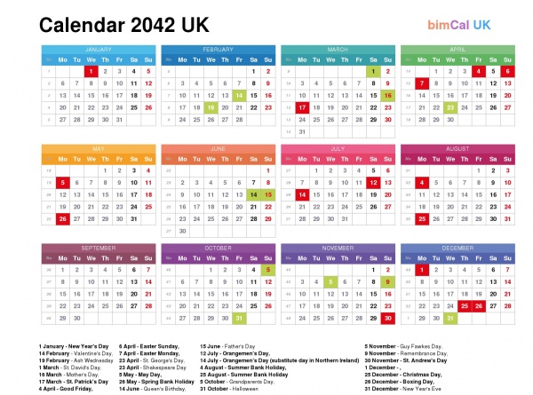 Calendar 2042 UK - bimCal.uk 🇬🇧